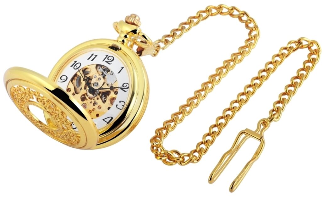 Ceas buzunar mecanic auriu cu lant