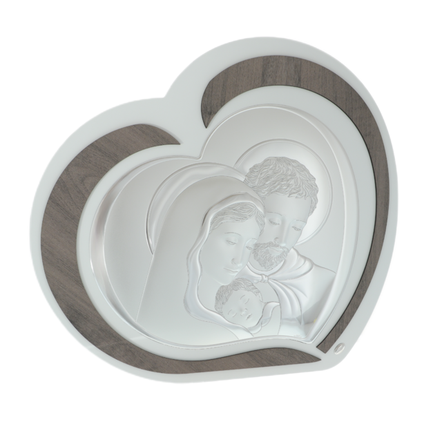 Icoana inima decupaj Sfanta Familie argintata 52cm